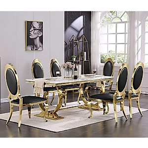 Asday Classic King Louis Black Faux Leather Upholstered Dining Chairs, Luxurious Dining Chairs with Polished Gold Oval Back and Mid-Century Modern Legs (Set of 12)