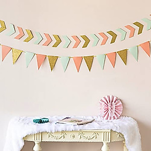 Fonder Mols Paper Triangle Flag Pennant Bunting Banner for Tribe Wedding Party,Baby Shower,Girl Nursery Decorations (Peach+Mint+Gold Glitter,10 feet,Double Sided,Set of 2)