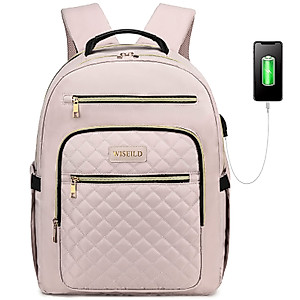 WISEILD Laptop Backpack for Women Quilted Travel Backpack Purse, Work Computer Bags Bookbag Teacher Back Pack with USB Port(15.6 Inch Nude Pink)