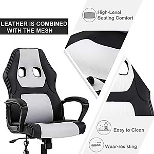 Gaming Chair Office Chair Desk Chair Massage Ergonomic PU Leather Racing Chair with Lumbar Support Headrest Armrest Task Rolling Swivel Computer Chair for Women Adults Girls(White)
