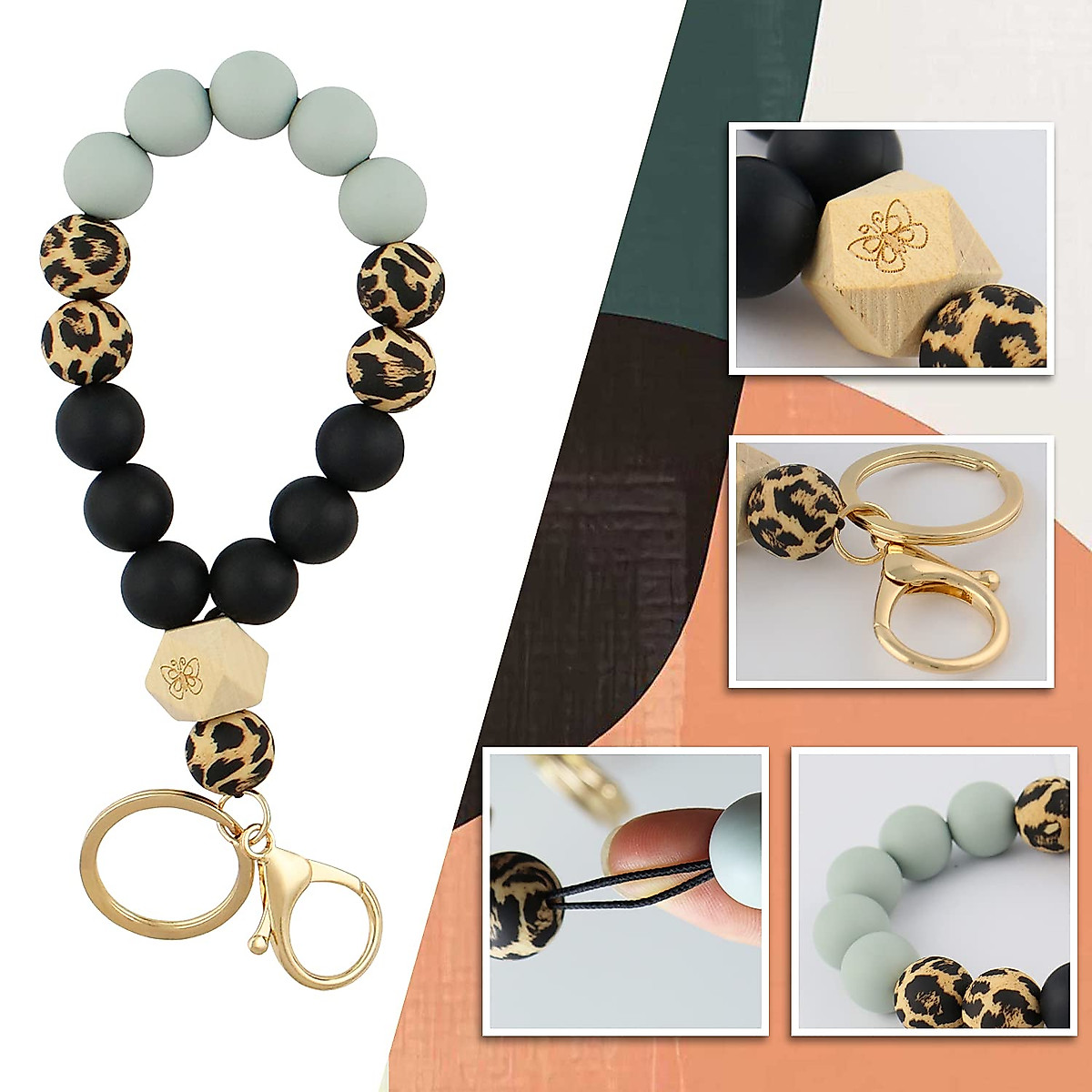 VIQWYIC Wristlet Bracelet Keychain with Wallet for Women, Silicone Beaded Keychain Bangle Car Key Rings Card Holder (Black)