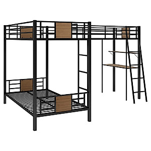 Eafurn Metal Triple Bunk Beds with Desk,Heavy Dust L-Shaped Metal Bunk Bed with Storage Shelf, Twin Over Twin Bunk Bed with A Twin Loft Bed Attached, 3 Bed Bunk Beds for Kids Teens