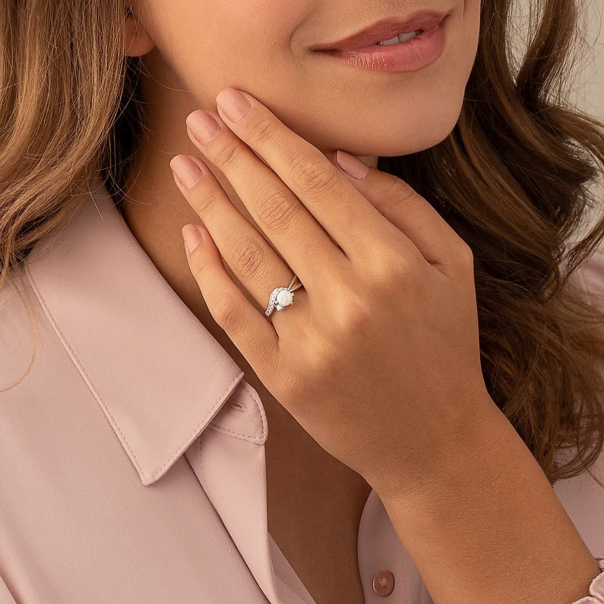 PEORA Created White Fire Opal Ring for Women 925 Sterling Silver, Love Wave Solitaire, Round Shape, Comfort Fit, Size 6