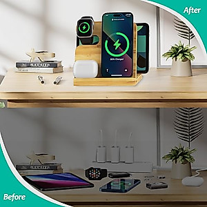 4 in 1 Bamboo Nightstand Wireless Charging Station,Can be Used as a Cell Phone Holder Wooden Desktop Organizer for AirPods, iWatch, Cell Phones, Tablets, Gifts (with Adapter)