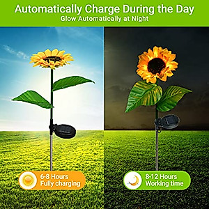 BLUEGUAN 4 Packs Solar Garden Lights, Solar Lights Outdoor Waterproof, Automatic Charging Sunflower Solar Flower Lights, Garden Solar Lights Decorative for Courtyards, Backyards and Lawn