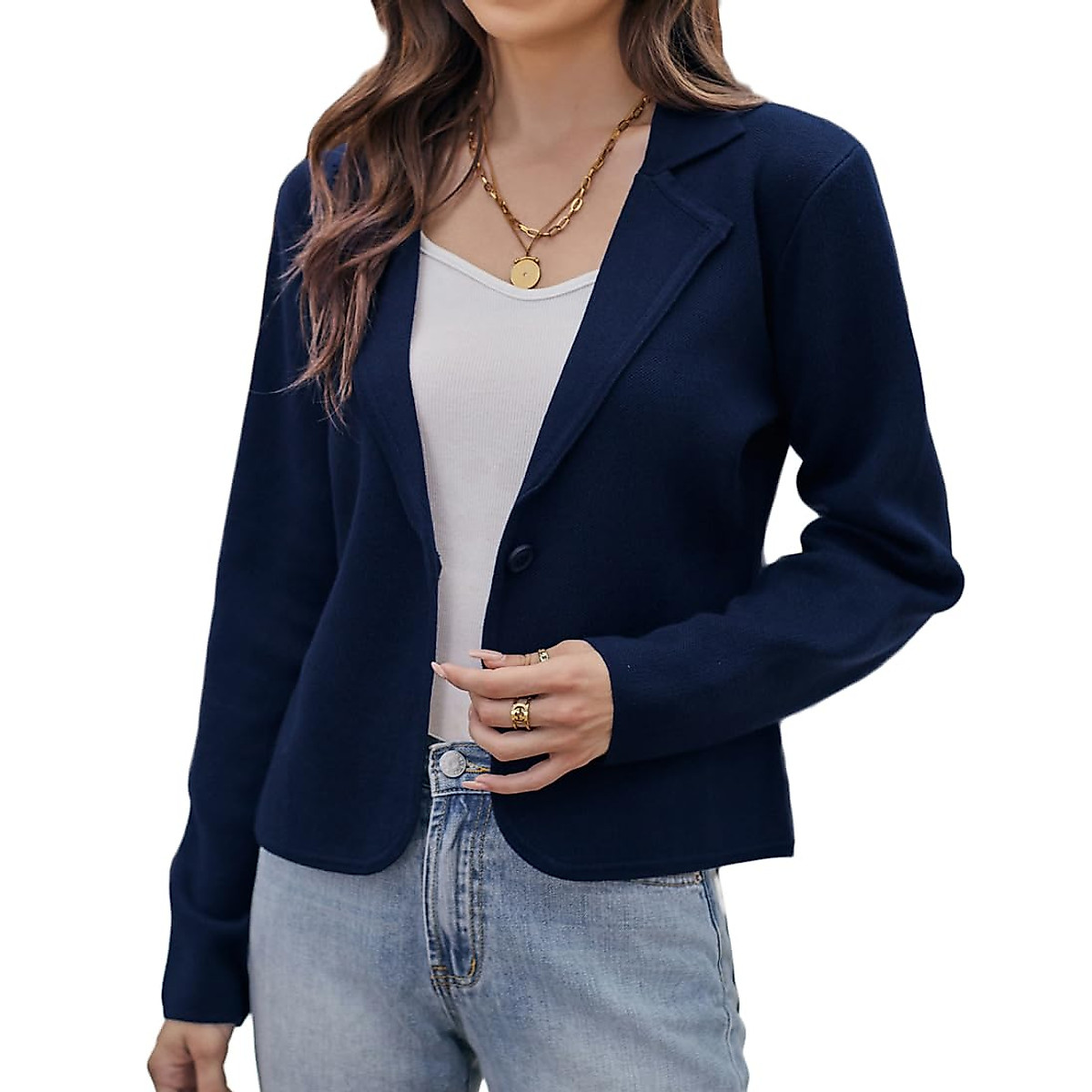Women Causal Lightweight Sweater Blazers Cropped Dressy Cardigan Jacket Notch Collar Knit Blazer Navy Blue M