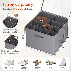 Lifewit Shoe Storage Organizer for Closet, Fits 12-16 Pairs, Large Shoe Box Storage Containers with Clear Cover and Reinforced Handles, Foldable Storage Bins Fits for Boots Heels Sneakers, 2 Pack Gray