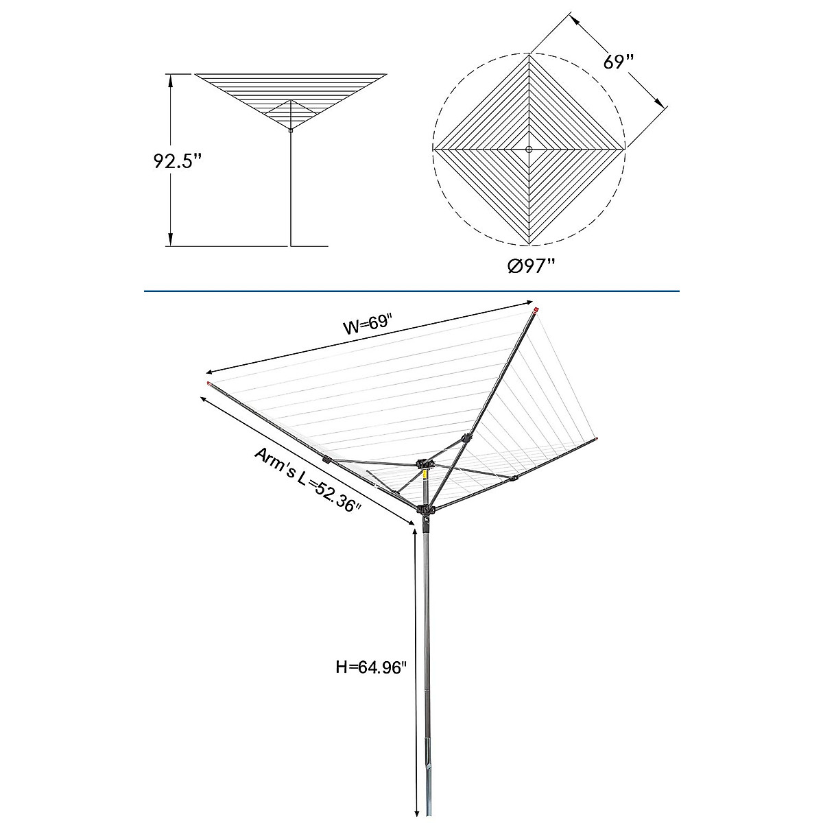STORAGE MANIAC Outdoor Umbrella Drying Rack, 12 Lines with 164 Feet Drying Space, Steel Frame & Adjustable Height, 4-arm Umbrella Clothesline for Laundry, Collapsible Clothes Drying Rack for Backyard