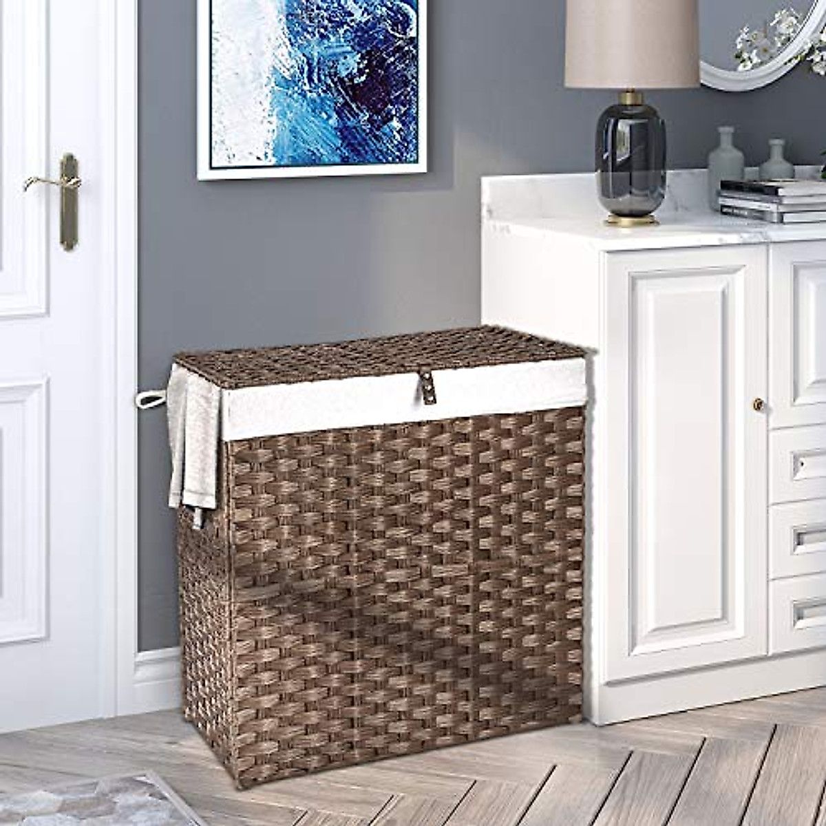 Greenstell Laundry Hamper No Install Needed, Divided Clothes Hamper with 2 Removable Liner Bags, 90L Handwovn Synthetic Rattan Laundry Basket with Lid and Handles, Foldable Brown 17.5x12.5x25.5Inches