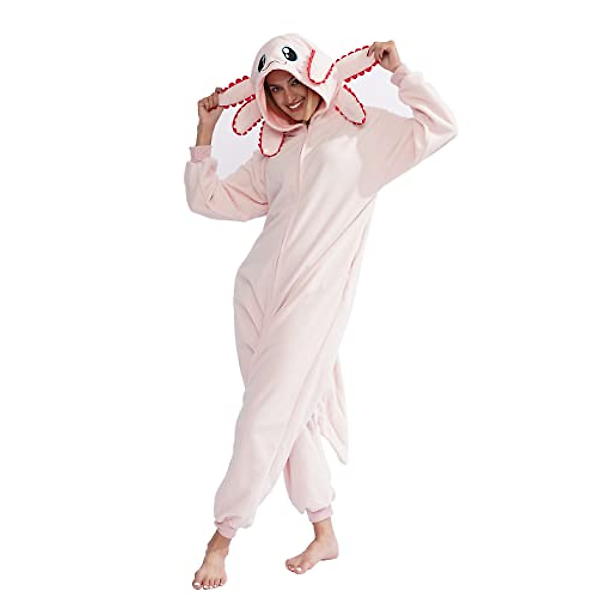 XIGUAGUO Adult Onesie Axolotl Cosplay Costume Animal Plush Homewear Sleepwear Jumpsuit for Men Women Girls Boys Teens