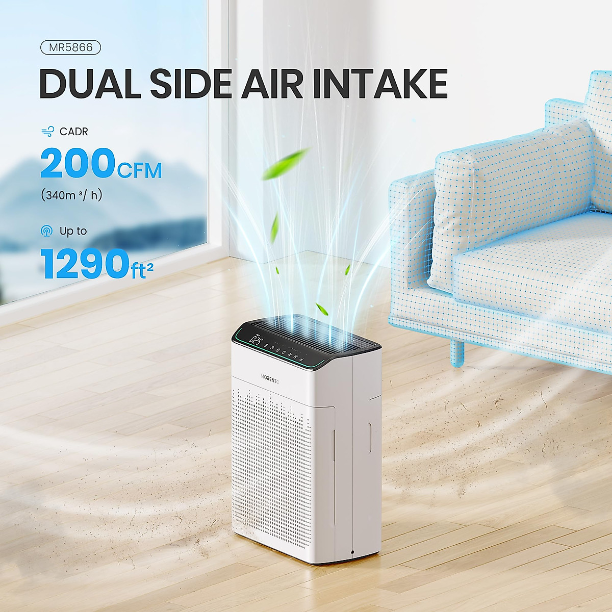 MORENTO Air Purifiers for Home Large Room Up to 1290 ft² with PM 2.5 Air Quality Monitor, Wi-Fi and Alexa compatible, HEPA Auto Mode Double-sided Air Inlet for Smoke and Odor, 23db, MR5866, White