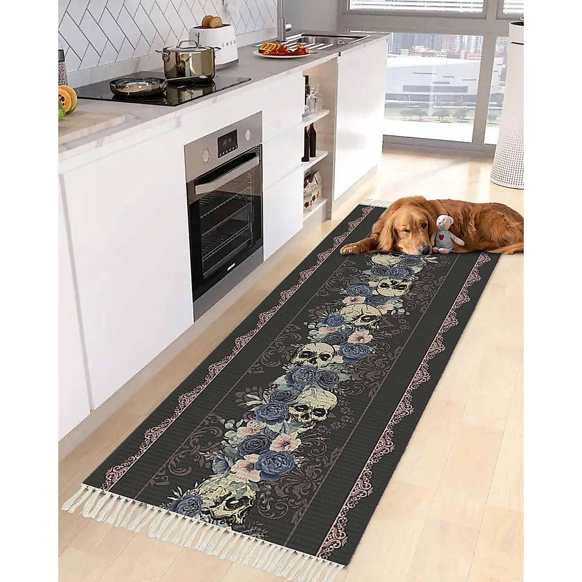 Runner Rug for Hallway 2x5ft, Halloween Skull Flowers Black Washable Runner Rugs with Tassels Woven Floor Carpet Runners for Hallways Kitchen Laundry Entryway