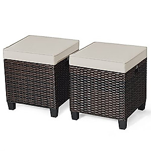 CLEEMAN Outdoor Ottoman Set of 2, All Weather Rattan Wicker Patio Ottoman w/Removable Cushions, Outdoor Footstool Footrest for Patio Garden Porch Poolside (Brown)
