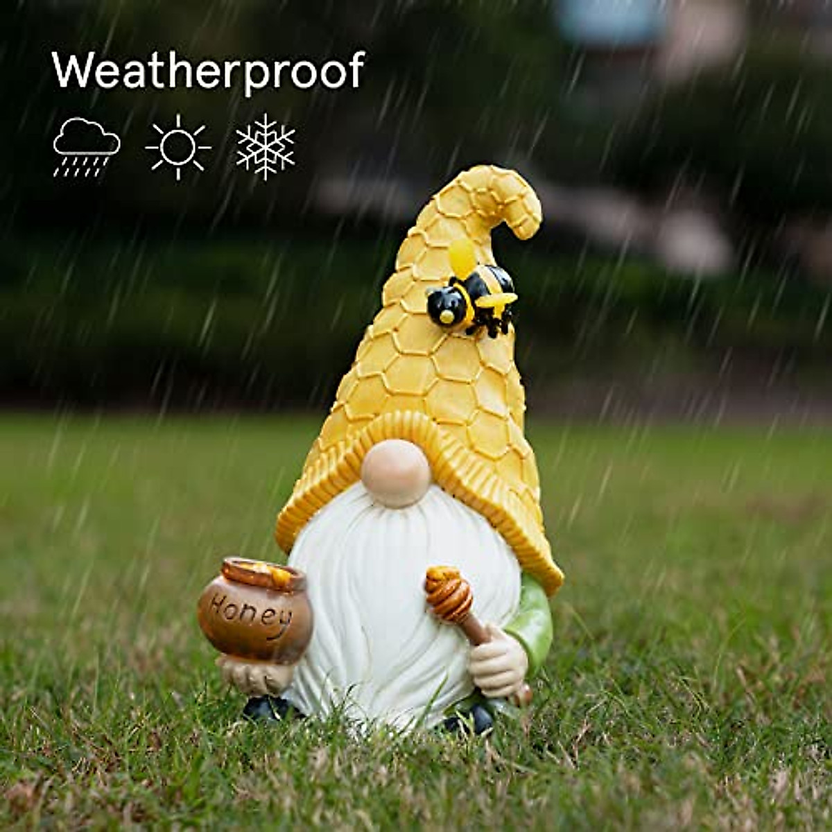 LA JOLIE MUSE Garden Gnomes Statue -11.3'' Resin Summer Bee Gnome Figurine Holding Honey Jar with Solar LED Lights, Outdoor Decoration for Patio Yard Lawn Porch, Ornament