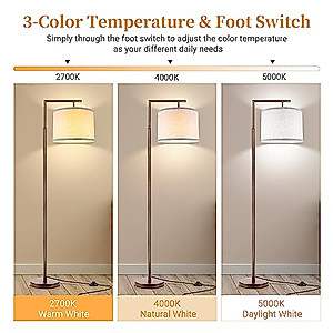 ROTTOGOON Floor Lamp for Living Room with 3-Color Temperature 9W LED Bulb, Modern Standing Lamp with Linen Beige Shade & Foot Switch, Tall Pole Lamp for Bedroom, Study Room, Office, Kids Room (Brown)