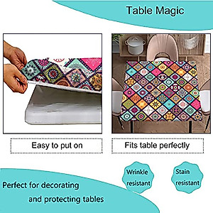 Boho Spring Fitted Tablecloth Square, Buffalo Plaid & Flower Elastic Edge Decor Table Clothes, Stain Wrinkle Resistant Polyester Table Cover for Indoor Outdoor Picnic Party Use, Fits 36x36 inch Table