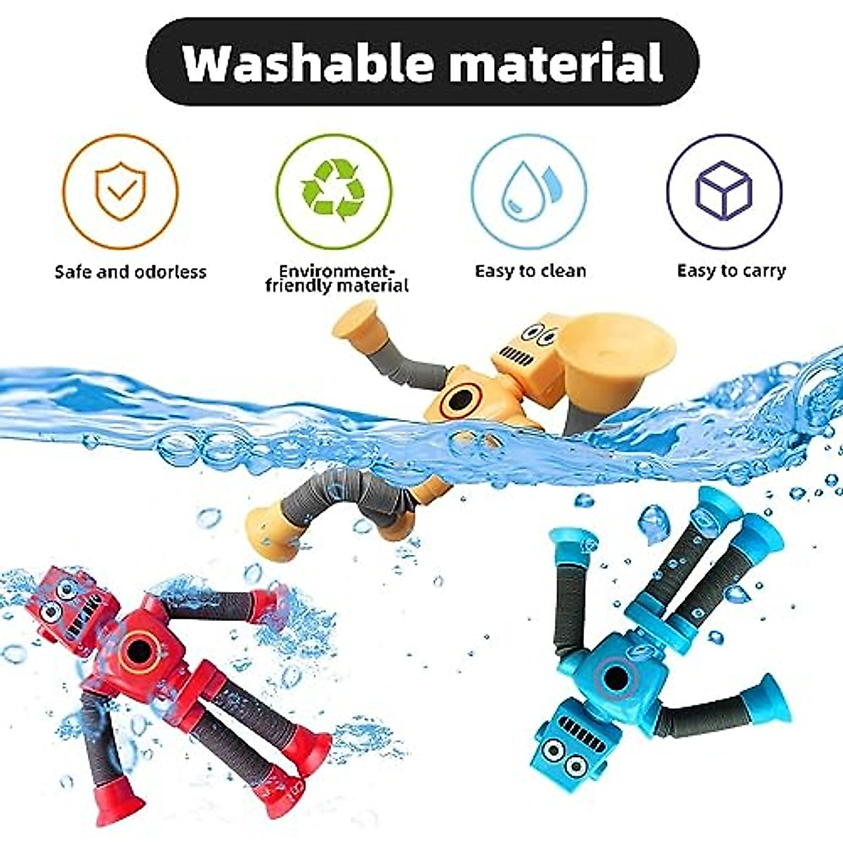 Bendable Robot Figures, Set of 4 Flexible Men, Telescopic Suction Cup Robot Toy, Telescopic Pop Tubes, Fidget Tubes Sensory Toys for Girls Boys