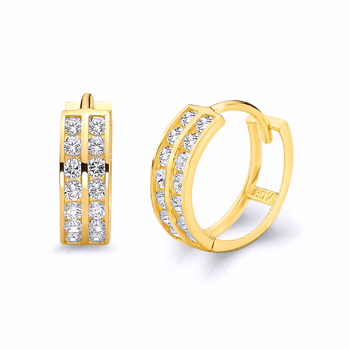 14k REAL Yellow Gold 5mm Thickness CZ Channel Set Hoop Huggie Earrings (15 x 15 mm)