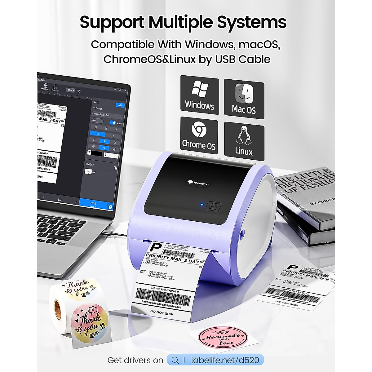 Phomemo Bluetooth Thermal Label Printer 4X6 - D520BT Wireless Shipping Label Printer Build-in Holder, Thermal Label Maker for Return Shipping Package, Compatible with Amazon, USPS, Shopify, Ebay