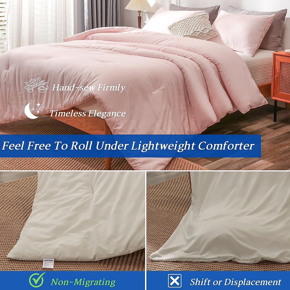 HAOWANER Handcrafted Non-Migrating Fill Light Pink Comforter Full Size Comforter Set, Pink Full Size Comforter Set, Full Bed Comforter Full Size Pink Comforter Set Full, Girls Comforter Sets Full