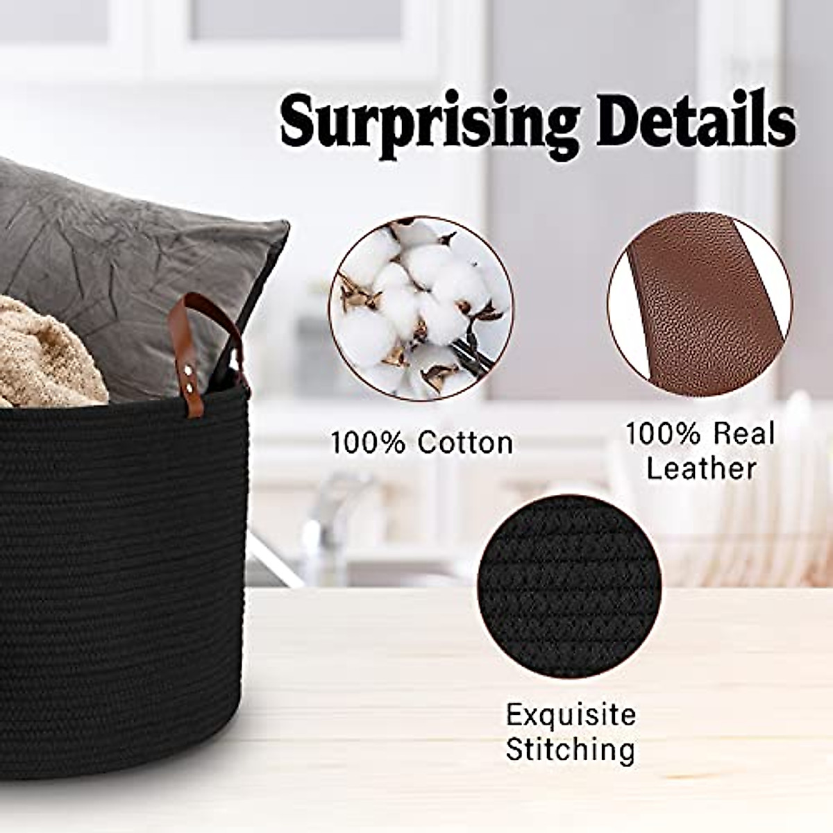 Cotton Rope Basket XXL Blanket Basket for Blankets Large Woven Storage Basket Round Rope Basket Black Toy Basket Woven Laundry Basket with Real Leather Handle, 20''X20''X13''
