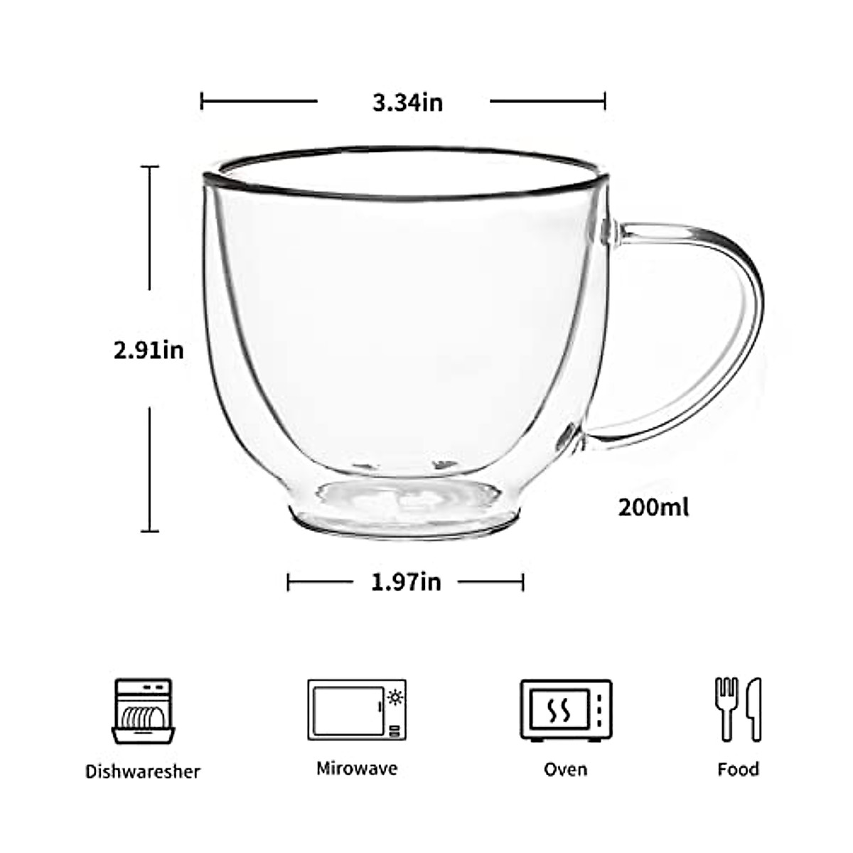 Douria Double Walled Glass Coffee Mugs, Clear Espresso Cups, Coffee tea Mugs Set, Iced Coffee Cup, Glass Mugs for Hot Beverages, Premium Glasses Set, Each 200ml (7Ounces./Set of 2)