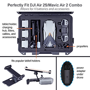 Lykus Titan MA220 Waterproof Hard Case for DJI Air 2S/Mavic Air 2 Fly More Combo, Dedicated Space for up to 11-inch iPad or Android Tablets and Holder [CASE ONLY]