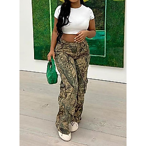 Vakkest Womens Army Fatigue Cargo Pants Casual Wide Leg Casual Pants Combat Military Trouser Baggy with Pockets Clubwear Y2K