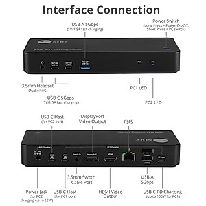 SIIG 2-Port USB-C KVM Docking Station with PD 65W, for 2 Monitors 2 Computers, MST Technology, 1x HDMI 1x DisplayPort, Gigabit Ethernet, Headset Jack (CE-DK0111-S1)