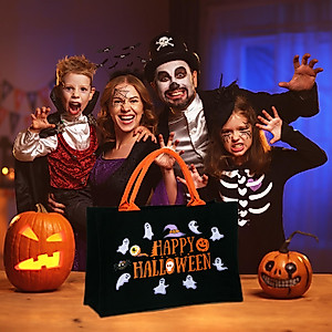 Mhtdet 2PCS Halloween Trick or Treat Bags, Glow in The Dark Halloween Candy Tote Bag with Handle, Halloween Canvas Tote Bag, Reusable Halloween Bags for Trick or Treating, Halloween Party