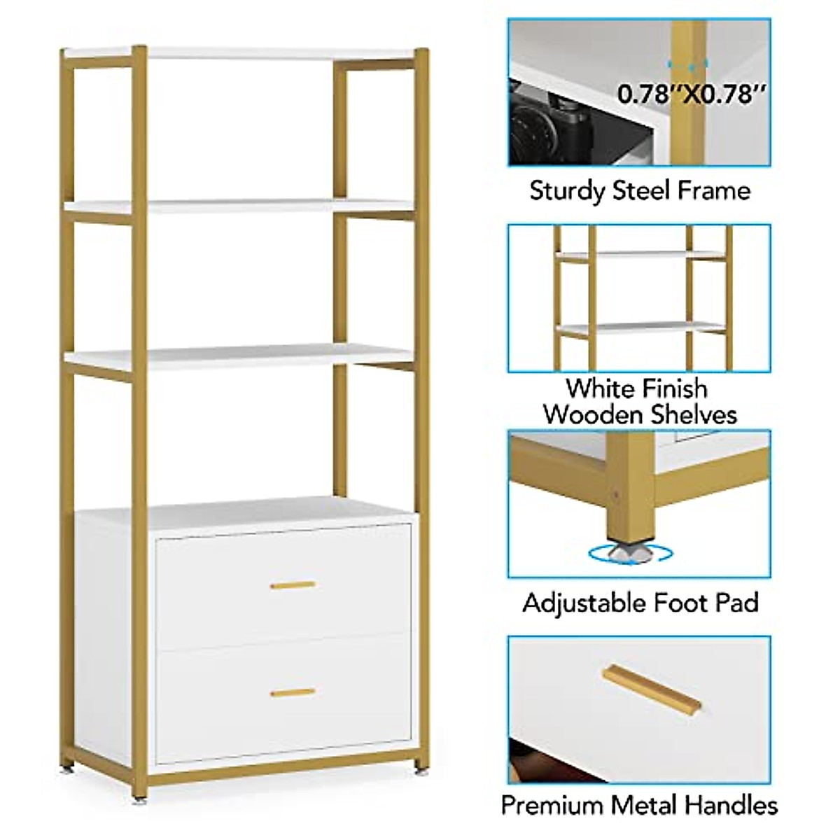 Tribesigns Bookcase, 4-Tier Bookshelf with 2 Drawers, Etagere Standard Book Shelves Display Shelf for Home Office (Gold/White)