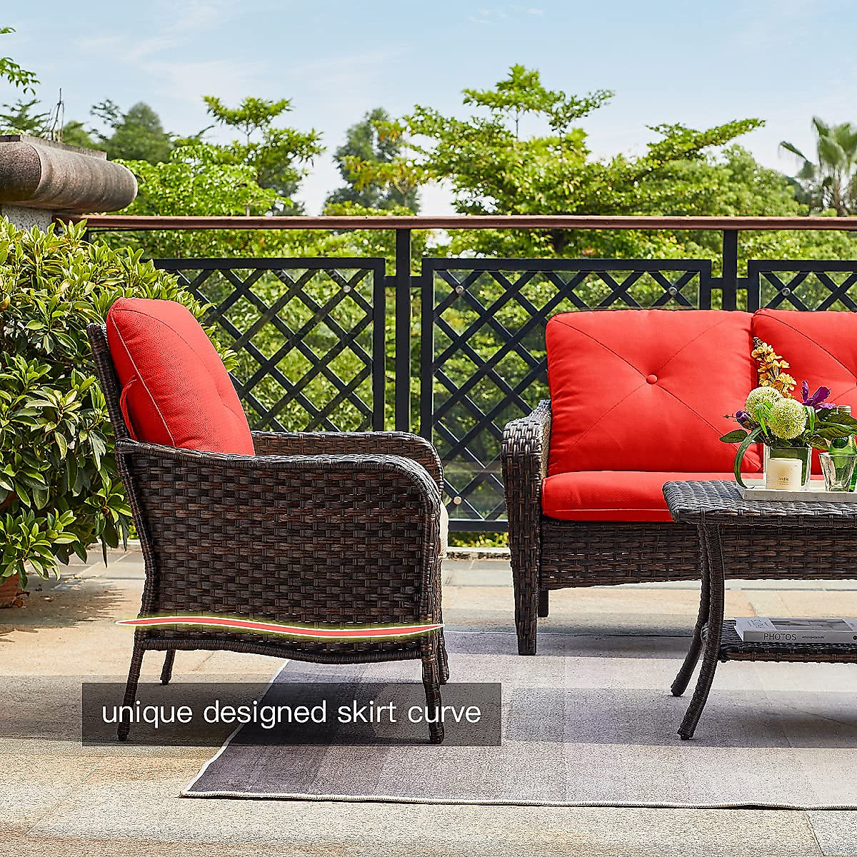 Rilyson Outdoor Patio Wicker Dining Chairs Set of 2, Rattan Single Sofa Chair 2 Piece, Porch Lawn Armchair Wicker Dining Chair with Deep Seating and Cushion (Brown/Red)