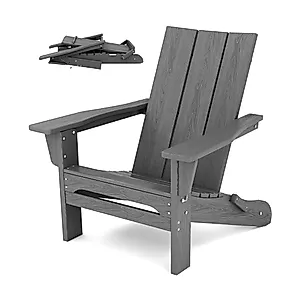 SERWALL Modern Folding Adirondack Chair，Oversized Folding Adirondack Chair with Curved Backrest, HDPE Outdoor Adirondack Chair, Gray