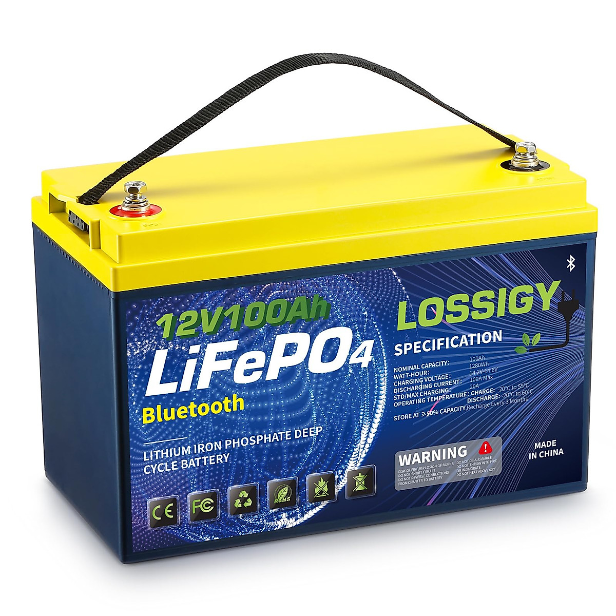LOSSIGY 12V 100AH LiFePO4 Lithium Battery, Low Temp Protection with 100A Bluetooth BMS, 10 Yrs Lifespan, 400A Peak Current, Perfect for Golf Cart, Trolling Motor, Solar System, RV, Marine