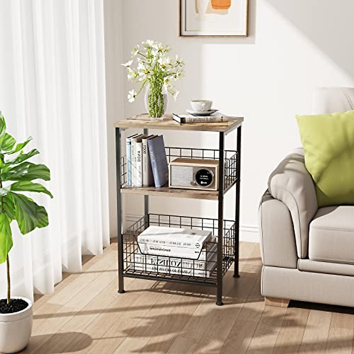 X-cosrack End Table,Industrial Retro Side Table Nightstand Storage Shelf for Living Room Bedroom Kitchen Family and Office,Stable Wood and Metal Frame, Patent Pending(Brown&Black)