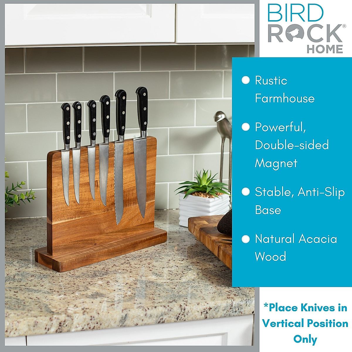 BIRDROCK HOME Wooden Magnetic Knife Block | Acacia Wood Knife Storage | Double-Sided Strong Magnetic Knife Holder | Knife Organizer for Kitchen & Space-Saving Design | No Knives Included | 12.8"Lx10"H