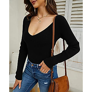 MISUMALLS Women's V Neck Long Sleeve Sweaters Ribbed Knit Casual Solid Pullover Jumper Tops Black