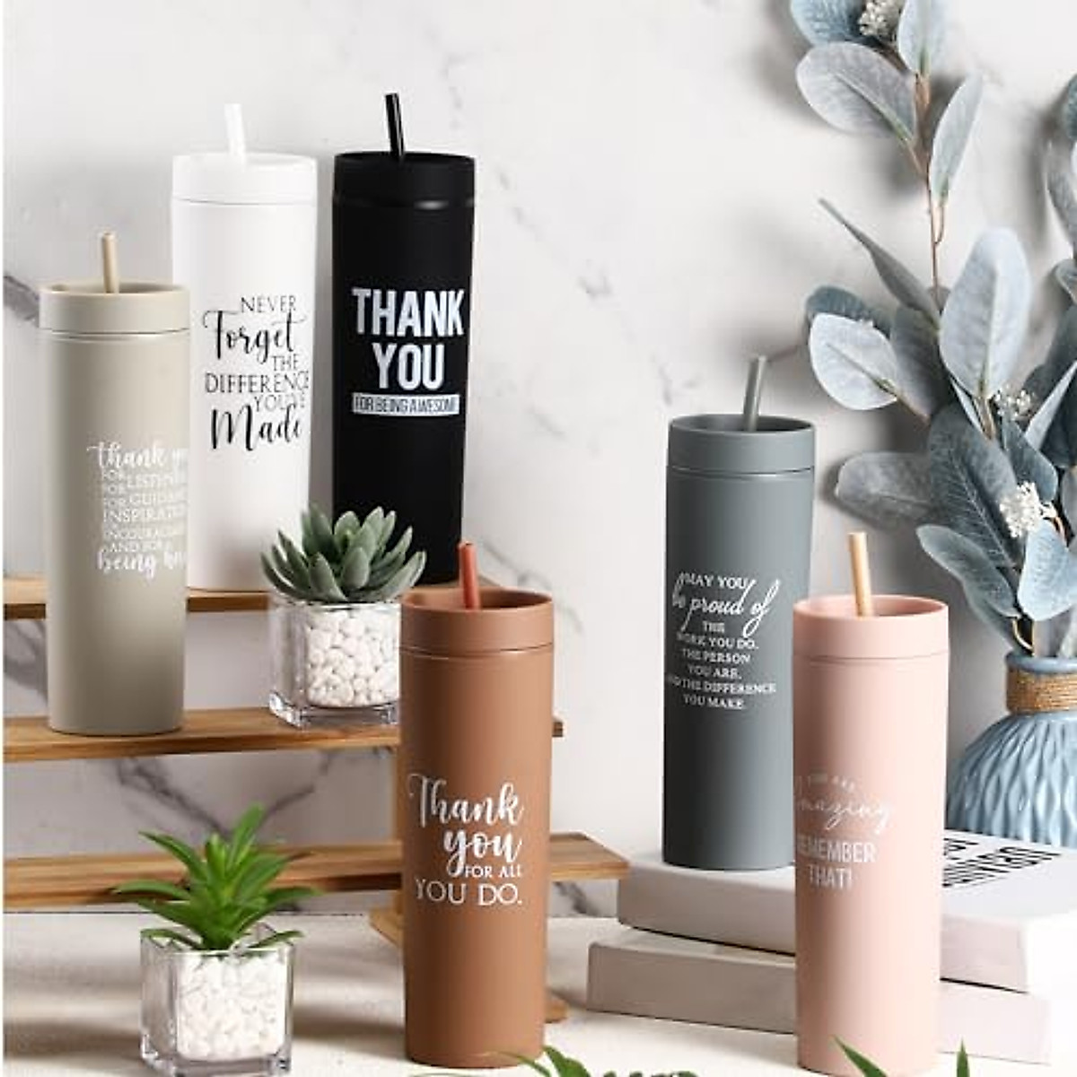 Rtteri 6 Pcs Veterinary Receptionist Week Gifts Nurse Appreciation Gifts Bulk Thank You Tumblers for Women Men 16oz Plastic Skinny Tumblers with Lids for Teacher Coworker Staff(Neutral Color)