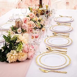 Hioasis 60pcs Gold Plastic Plates - White and Gold Trim Disposable Plates - 10.25 inch Gold Disposable Dinner Plates Perfect for Wedding & Party