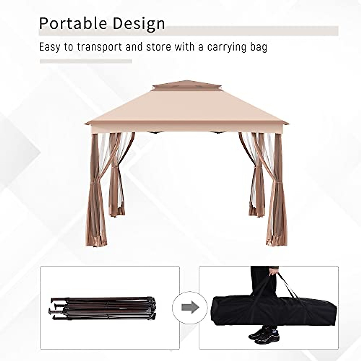 Outsunny 11' x 11' Pop Up Gazebo Outdoor Canopy Shelter with 2-Tier Soft Top, and Removable Zipper Netting, Event Tent with Large Shade, and Storage Bag for Patio, Backyard, Garden, Khaki