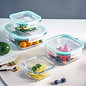 ATRDTO 6 Pieces Square Glass Food Storage Containers with Lids, Meal Prep Containers for Food Storage, BPA Free & Leak Proof (3 lids & 3 Containers)