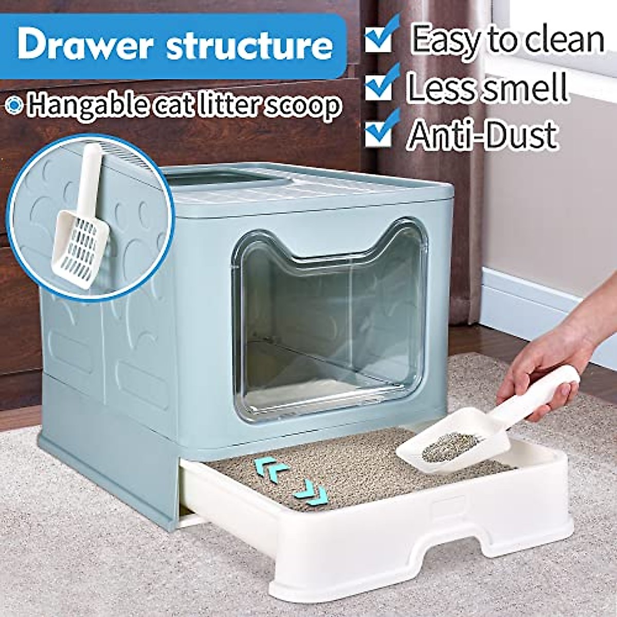 Homagico Foldable Cat Litter Box, Extra Large Front Entry Top Exit Litter Box with Lid, Drawer Type Enclosed Kitty Litter Box with Litter Scoop, Anti-Splashing Cat Toilet Easy Cleaning （Blue）
