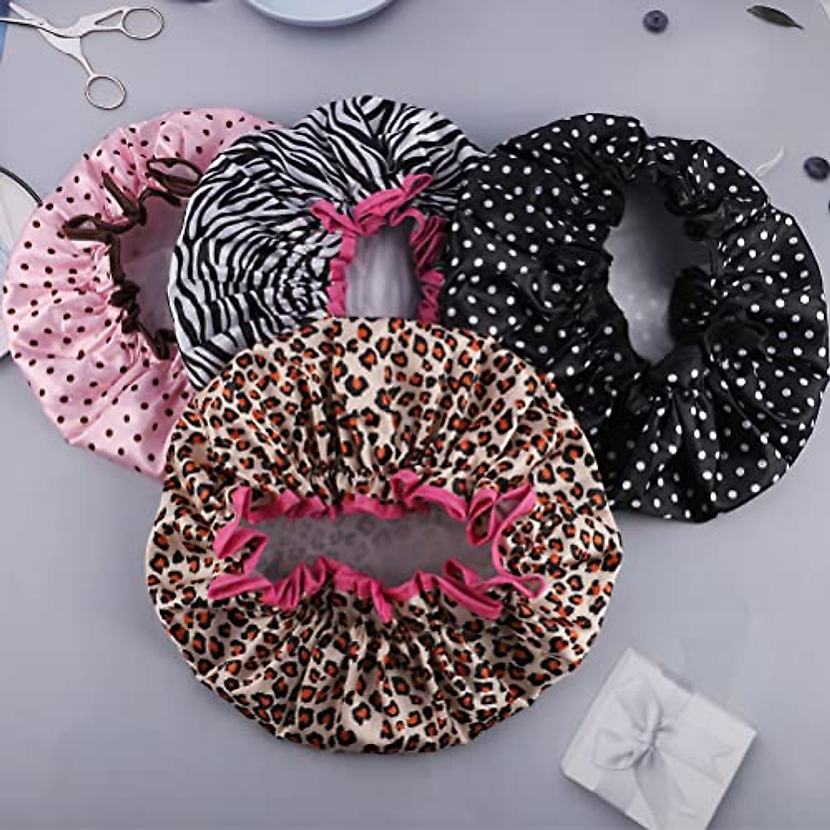 4 Pcs Reusable Shower Cap, Waterproof Shower Cap Elastic Double Layers Shower Hat Bath Caps Stocking Stuffers for Women Girls