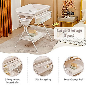 BABY JOY Baby Changing Table, Portable Folding Diaper Changing Station with Wheels, Adjustable Height, Large Storage Rack, Water Basin, Safety Belt, Mobile Nursery Organizer for Newborn Infant, Beige