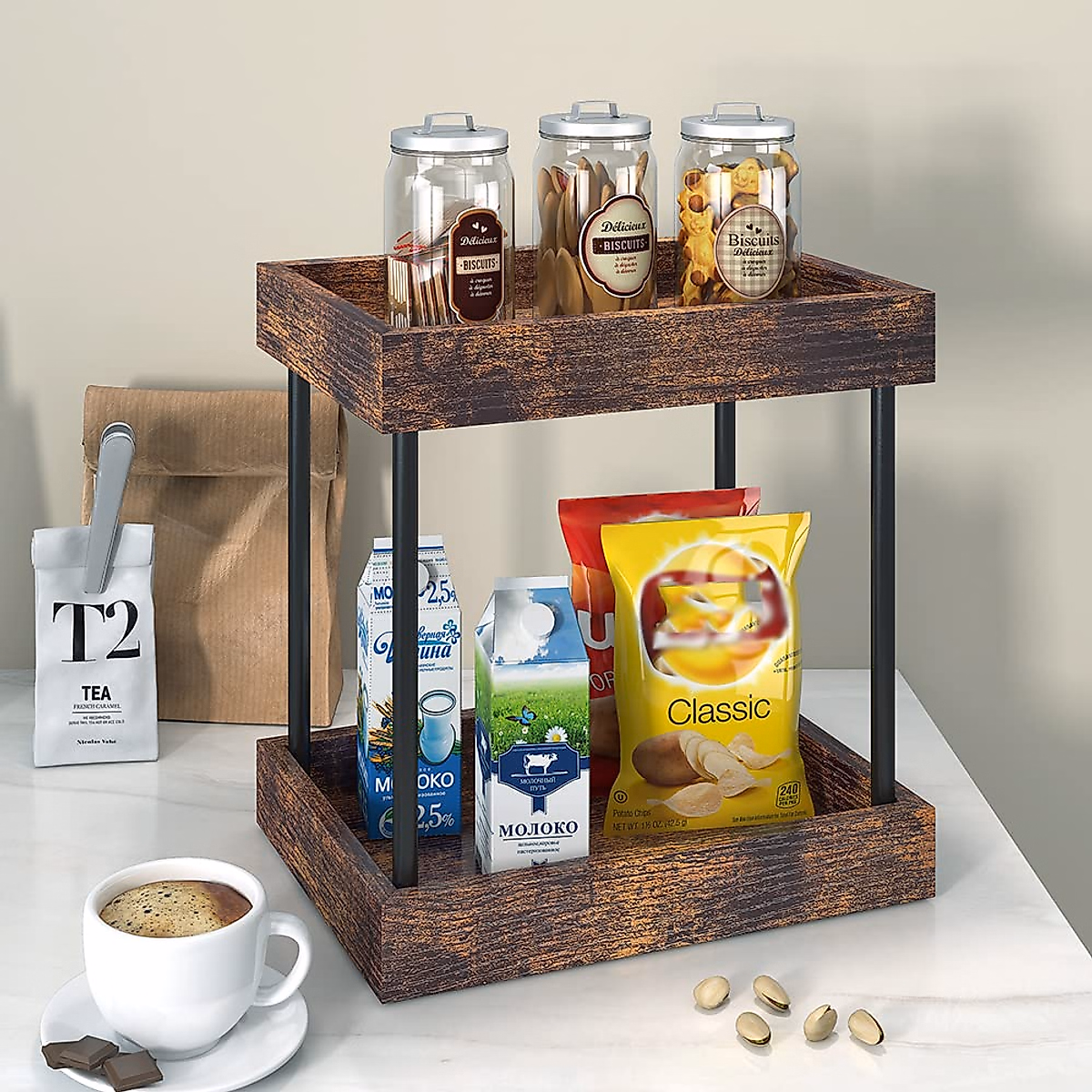 SANRETAHO Bathroom Organizer Countertop, 2 Tier Wood Bathroom Counter Shelf, Cosmetic Storage Vanity Organizer, Coffee Station Organizers, Kitchen Spice Rack