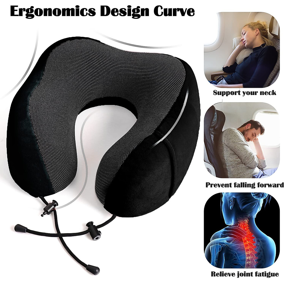 Travel Pillow 100% Pure Memory Foam Neck Pillow, Breathable & Machine Washable Cover, Neck Support Pillow with 3D Contoured Eye Mask, Earplugs & Portable Bag for Airplane Travel (Black)