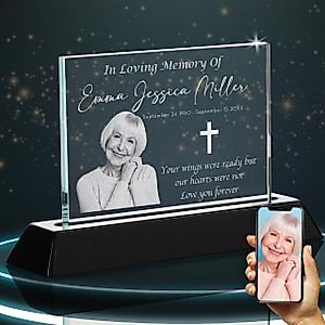 Sympathy Gifts, 3D Photo Crystal, Personalized with Any Photo, Icon, Name, Date - Gifts for Loss Loved Ones (Horizontal)