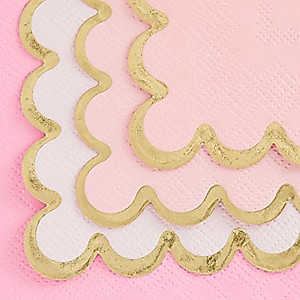 100 Pack Pink Scalloped Cocktail Napkins with Gold Foil Accents for Bridal and Baby Shower (3-Ply, 5 x 5 In)