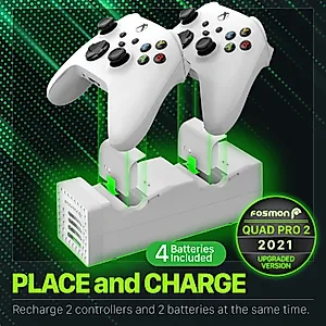Fosmon Quad PRO 2 Controller Charger Compatible with Xbox-Series X/S Controllers (Not for Xbox-One / 360 / Elite 2) Controllers, Dual Dock Charging Station with 4 Rechargeable Battery Packs - White