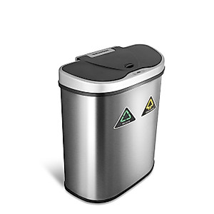 NINESTARS Automatic Touchless Infrared Motion Sensor Trash Can/Recycler with D Shape Silver/Black Lid & Stainless Base, 18 Gal, Stainless Steel